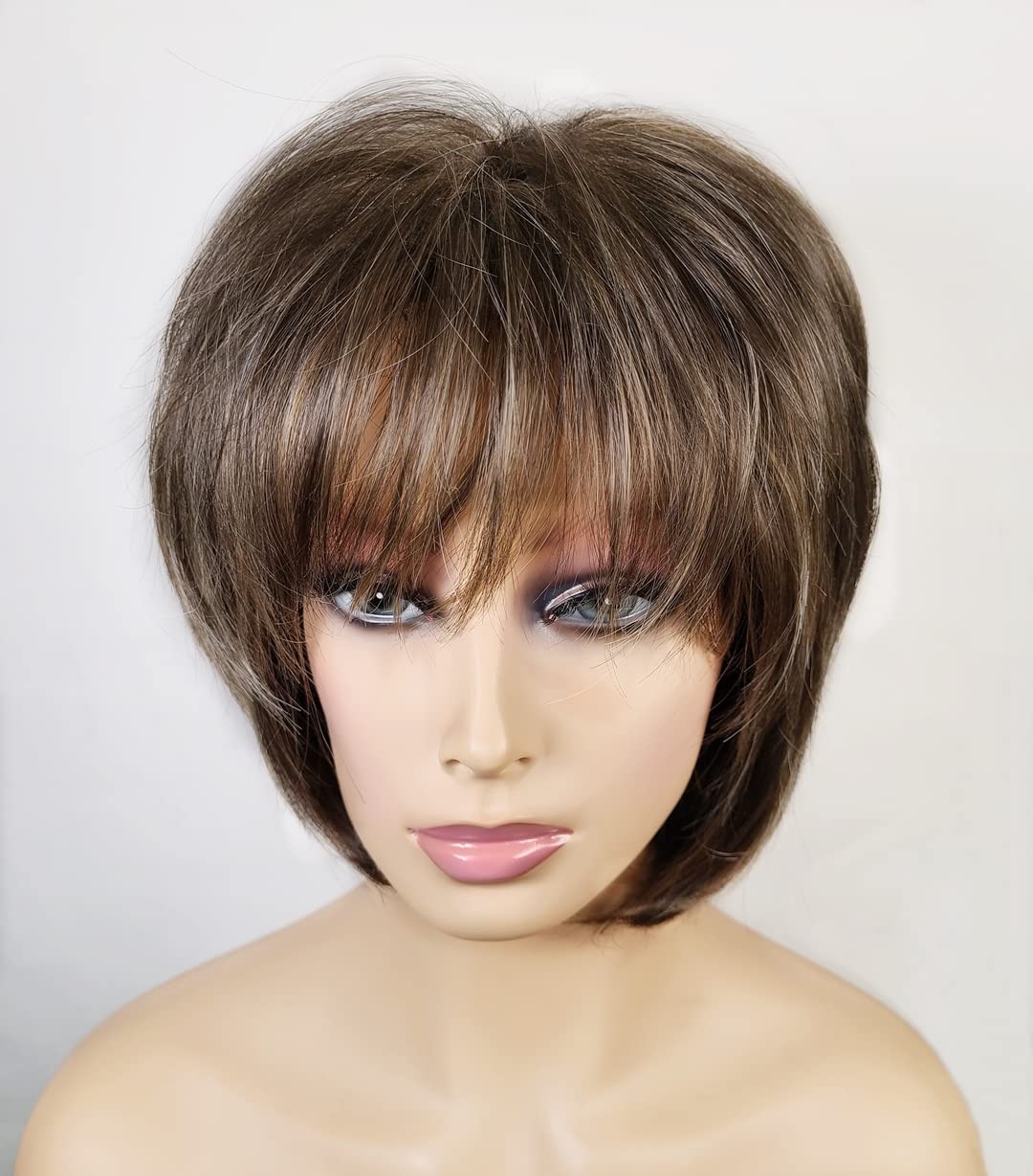 LEDABAO Pixie Cuts Short Wigs with Bangs Dark Brown Mixed Blonde Highlight Wig for white women wig daily parties