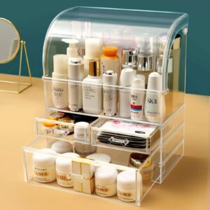 Large Acrylic Makeup Organizer With Lid Cosmetic Storage Drawers Portable Makeup Organizers Dustproof And Waterproof Box For Women (Gold/Clear, 11.8inx 14in x 7in)