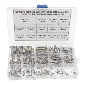 mcmaske #2-56#4-40#6-32#8-32#10-24 1/4"-20 5/16"-18 unc 304 stainless steel phillips flat head machine screws assortment kit