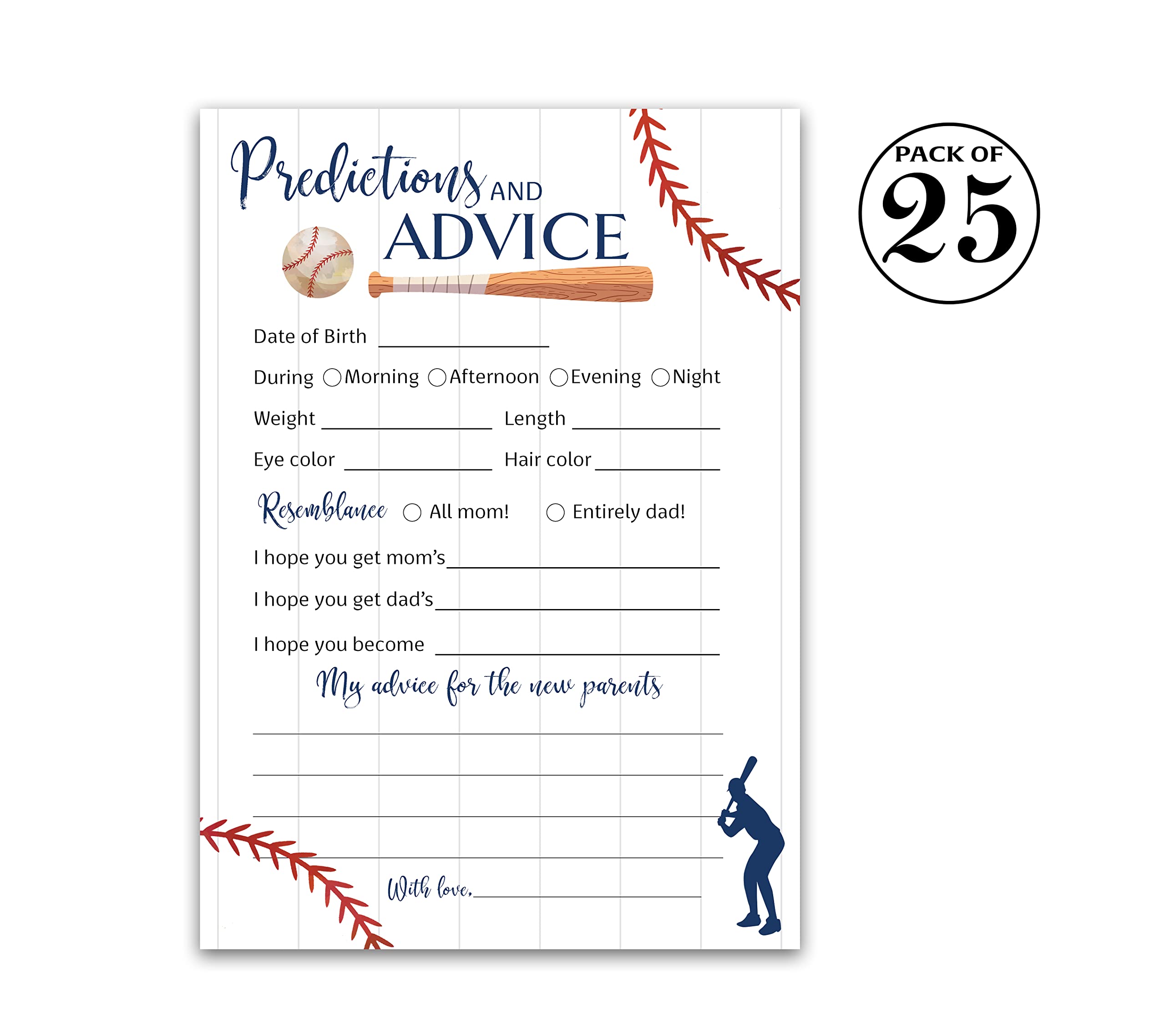 BASEBALL Prediction and Advice Cards - Pack of 25 - Sports Navy Blue BOY Baby Shower Games, Wishes for New Parents Mom & Dad to be Mommy & Daddy Message Little Slugger Shower Activity G900-PDAV