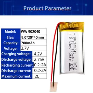 FREEDOH 3.7V Li-Polymer Battery 700mAh Lithium-ion Backup Battery 902040 Lithium-Polymer ion Rechargeable Battery with Protection Board (2pcs)