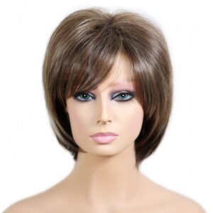 LEDABAO Pixie Cuts Short Wigs with Bangs Dark Brown Mixed Blonde Highlight Wig for white women wig daily parties