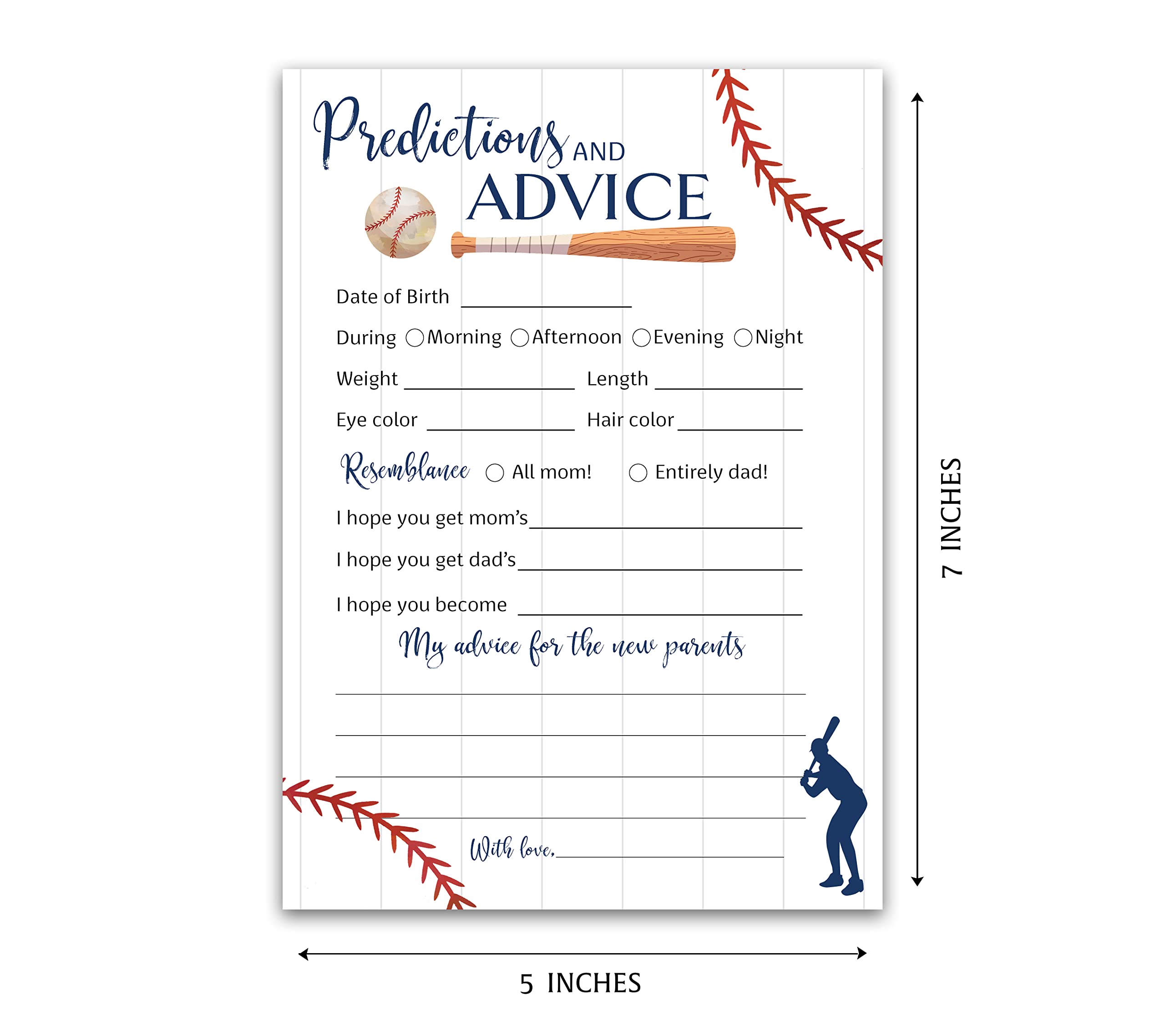 BASEBALL Prediction and Advice Cards - Pack of 25 - Sports Navy Blue BOY Baby Shower Games, Wishes for New Parents Mom & Dad to be Mommy & Daddy Message Little Slugger Shower Activity G900-PDAV