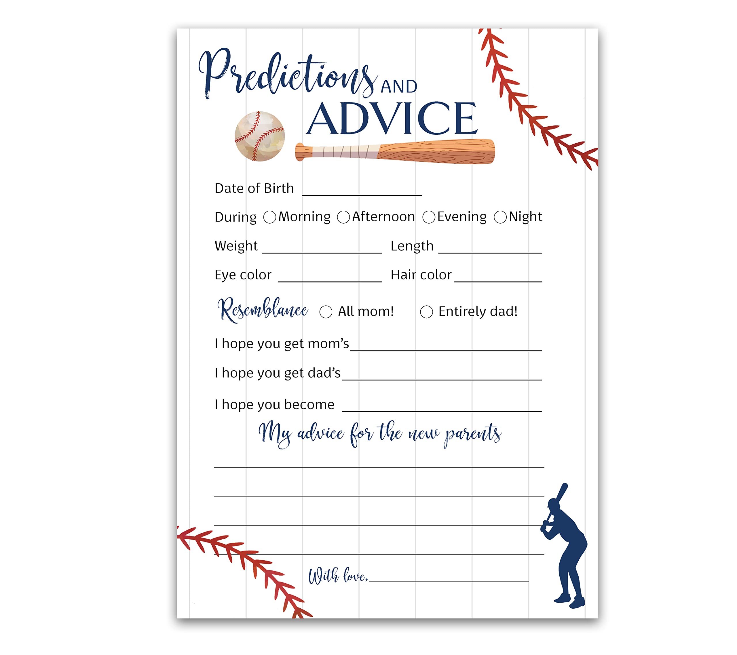 BASEBALL Prediction and Advice Cards - Pack of 25 - Sports Navy Blue BOY Baby Shower Games, Wishes for New Parents Mom & Dad to be Mommy & Daddy Message Little Slugger Shower Activity G900-PDAV