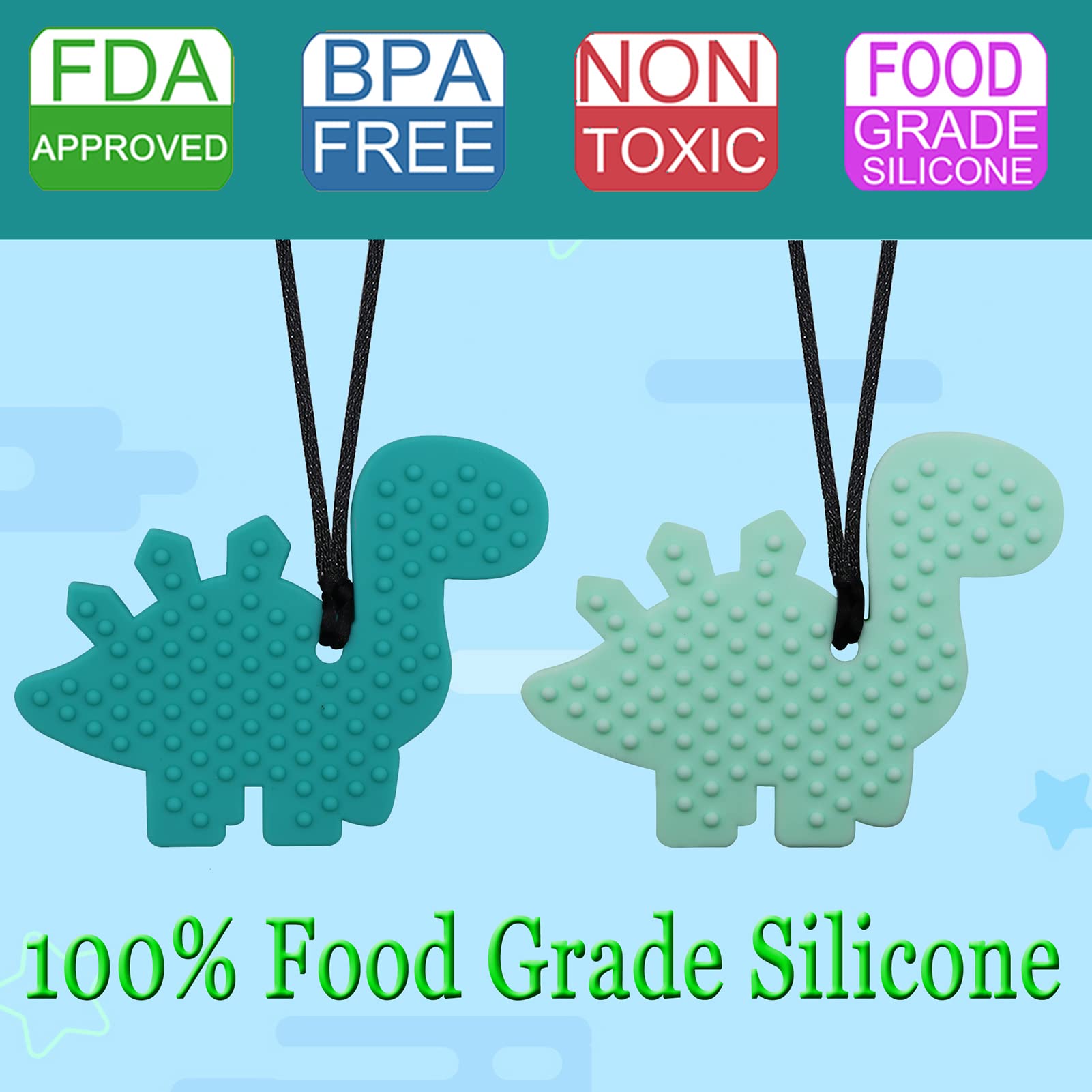 Chew Necklaces for Sensory Kids and Adults, 2 Pack Dinosaur Silicone Chewy Toys for Boys with Autism, ADHD, SPD, Reduce Chewing Fidgeting for Children, Oral Motor Chewing Necklace…