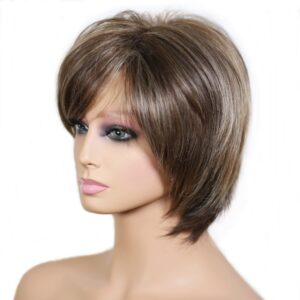 LEDABAO Pixie Cuts Short Wigs with Bangs Dark Brown Mixed Blonde Highlight Wig for white women wig daily parties