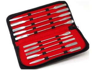 10 pcs micro lab spatula sampler set stainless steel double ended mutlipurpose square, scoop, round & tapered arrow end, 7"+9" length