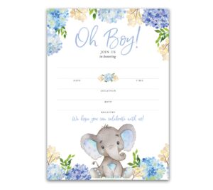 blue elephant baby shower invitations — pack of 25 — baby boy blank fill-in baby shower invites, oh baby, blue floral baby elephant boy baby sprinkle little peanut invitation sku i531-inv1