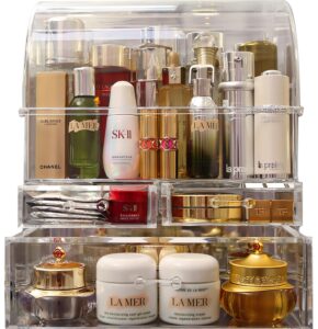 large acrylic makeup organizer with lid cosmetic storage drawers portable makeup organizers dustproof and waterproof box for women (gold/clear, 11.8inx 14in x 7in)