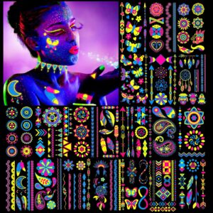 howaf 20 sheets glow in dark neon temporary tattoo, luminous fluorescent tattoos stickers for party festival decoration supplies, uv waterproof fake tattoo body art for women accessories favors