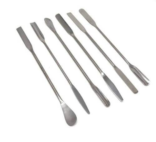 6 PCS Micro Lab Spatula Sampler Set, Stainless Steel Double Ended Sampling Spoon Mixing Spatulas, Square, Scoop, Round & Tapered Arrow End, 7" Length