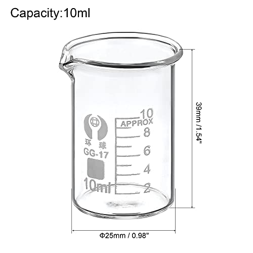 PATIKIL 10ml Low Form Glass Beaker, 3.3 Borosilicate Glass Graduated Printed Scale Measuring Cups with Spout for Kitchen Lab Liquids Transit Boiling