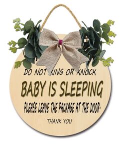 weytff baby sleeping sign for front door funny baby sleeping hanging sign plaque, do not knock or ring the bell, round wooden door hanger for baby room, nursery, front door, door knob decor 11x11"