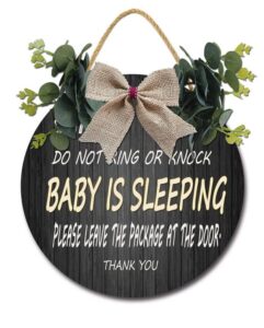 weytff baby sleeping sign for front door funny baby sleeping hanging sign plaque, do not knock or ring the bell, round wooden door hanger for baby room, nursery, front door, door knob decor 12x12"