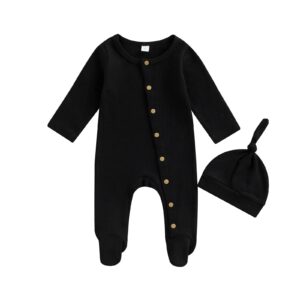 xiaodriceee newborn infant baby boy girl fall winter clothes long sleeve button waffle knit footed romper hat 2pcs outfit (black, 0-3 months)