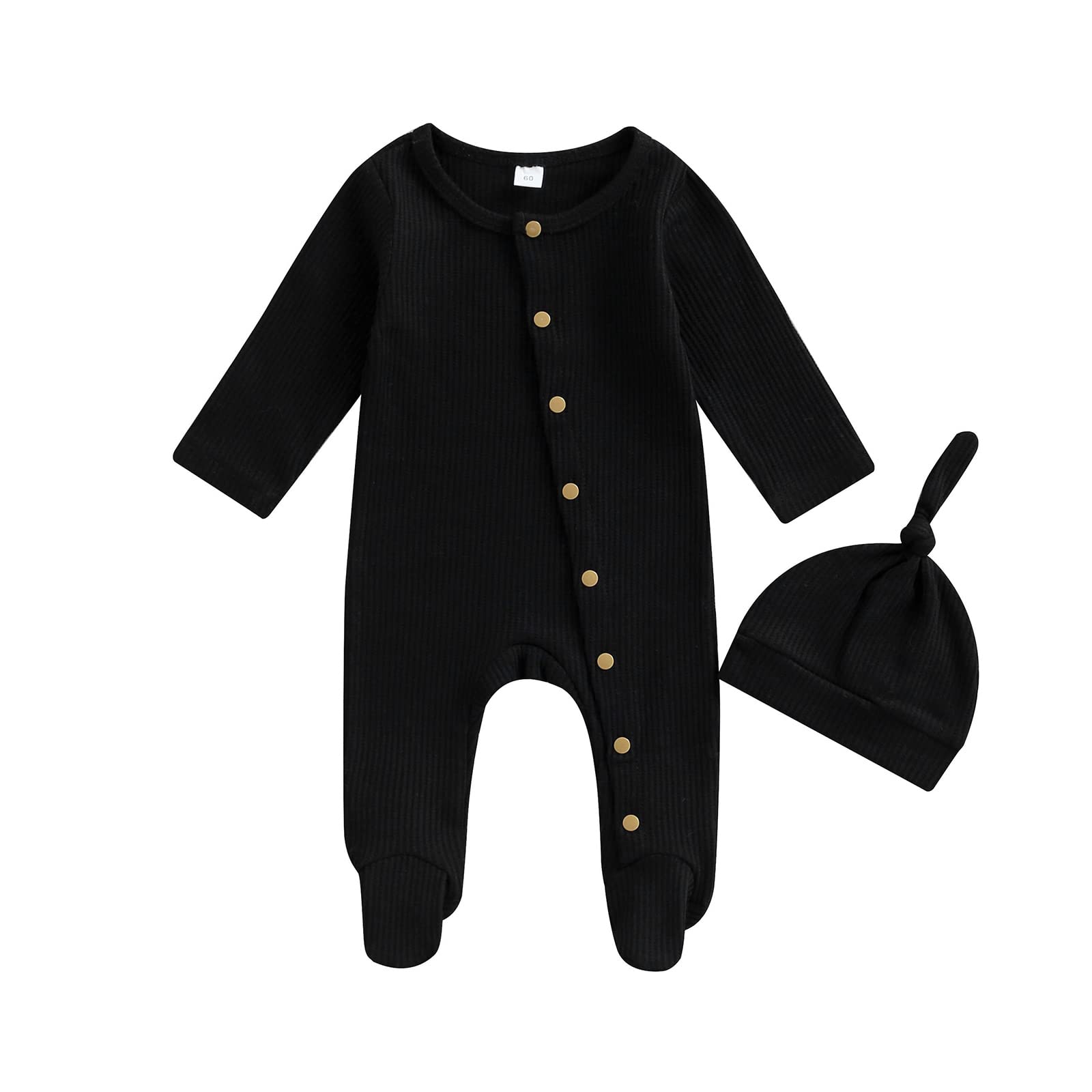 Xiaodriceee Newborn Infant Baby Boy Girl Fall Winter Clothes Long Sleeve Button Waffle Knit Footed Romper Hat 2Pcs Outfit (Black, 0-3 Months)