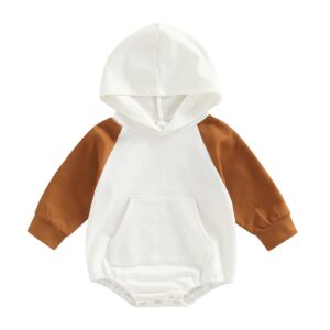 kaipiclos infant baby boy girl sweatshirt bubble romper color block long sleeve hoodie pullover sweater fall winter clothes (color block brown white, 6-12 months)