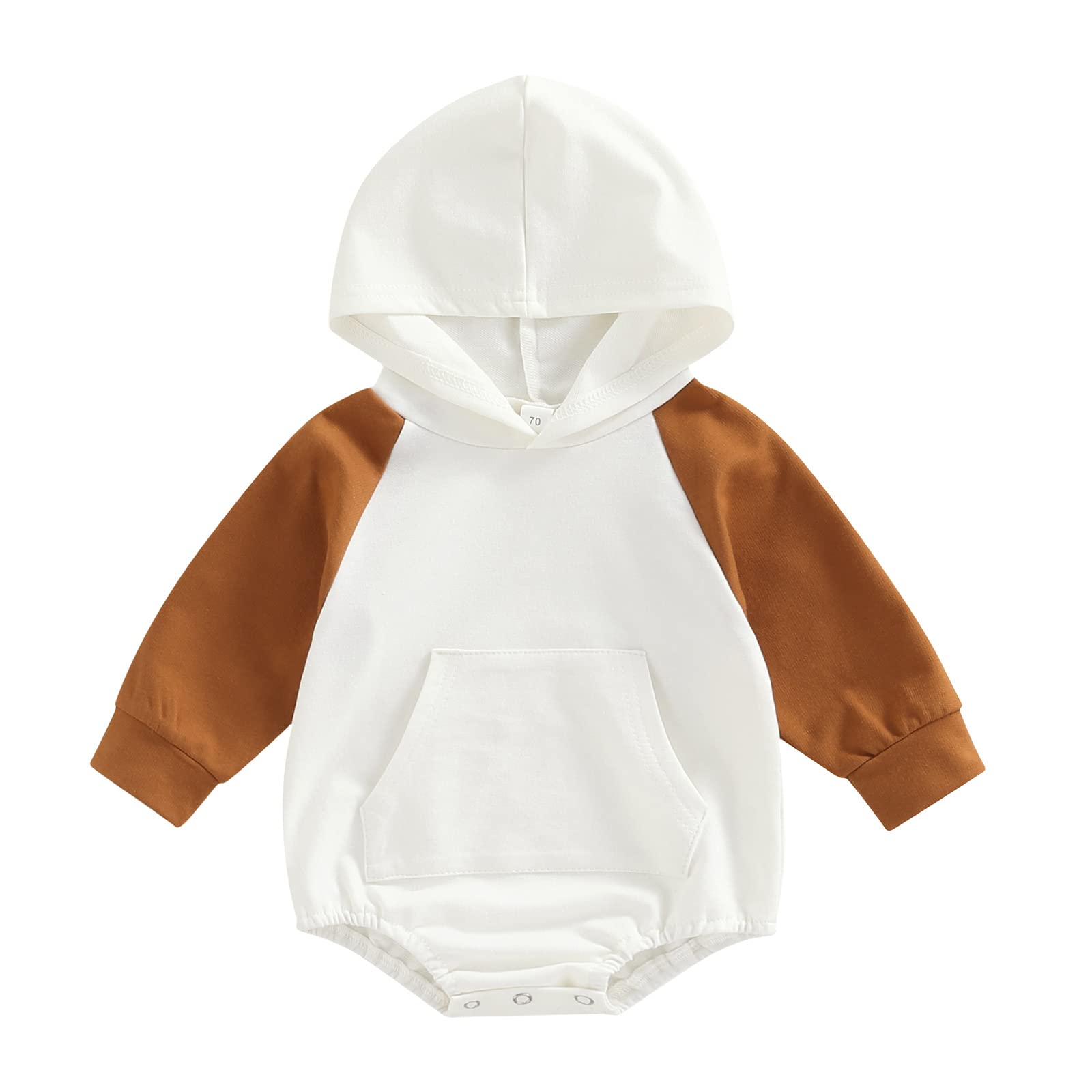 Kaipiclos Infant Baby Boy Girl Sweatshirt Bubble Romper Color Block Long Sleeve Hoodie Pullover Sweater Fall Winter Clothes (Color Block Brown White, 6-12 Months)