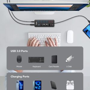 Powered USB Hub, Wenter 6-Port USB 3.0 Hub Splitter (4 USB 3.0 Data Ports + 2 QC 3.0 Fast Charging Ports) with Individual LED On/Off Switches, USB Hub 3.0 Powered with 36W AC Adapter for Mac, PC