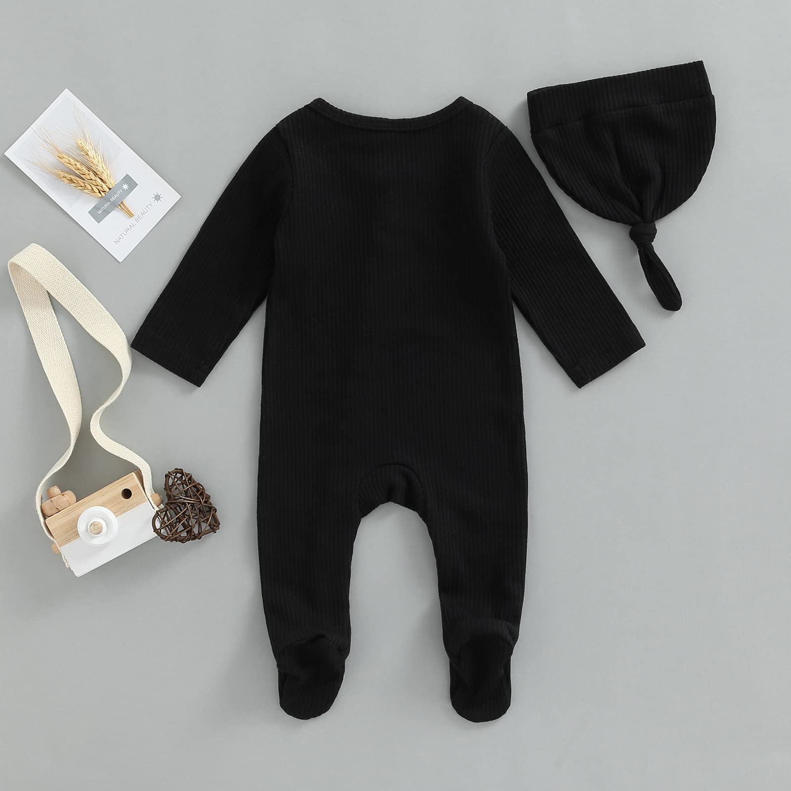 Xiaodriceee Newborn Infant Baby Boy Girl Fall Winter Clothes Long Sleeve Button Waffle Knit Footed Romper Hat 2Pcs Outfit (Black, 0-3 Months)