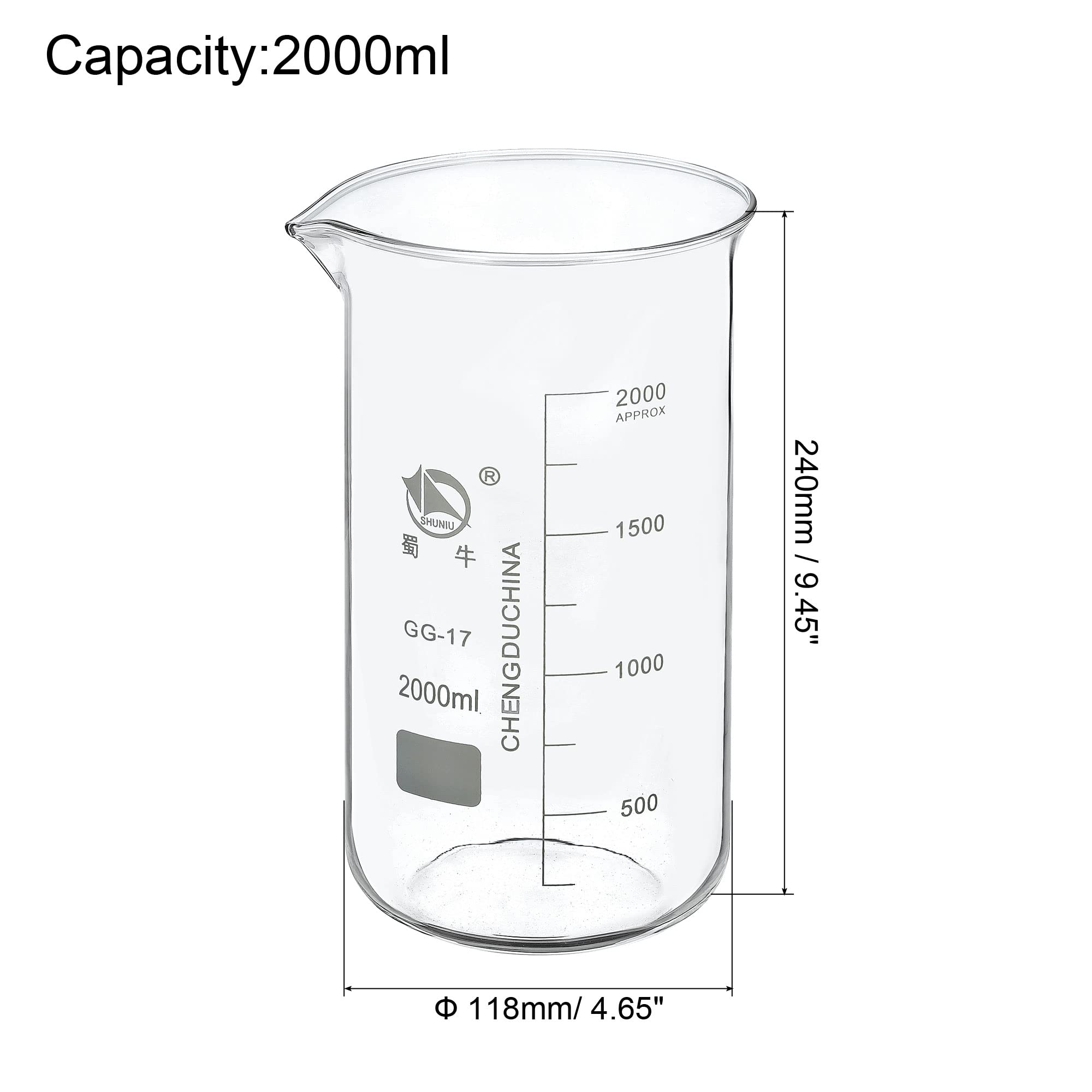 PATIKIL 2000ml Tall Form Glass Beaker, 3.3 Borosilicate Glass Graduated Printed Scale Measuring Cups with Spout for Kitchen Lab Liquids Transit Boiling