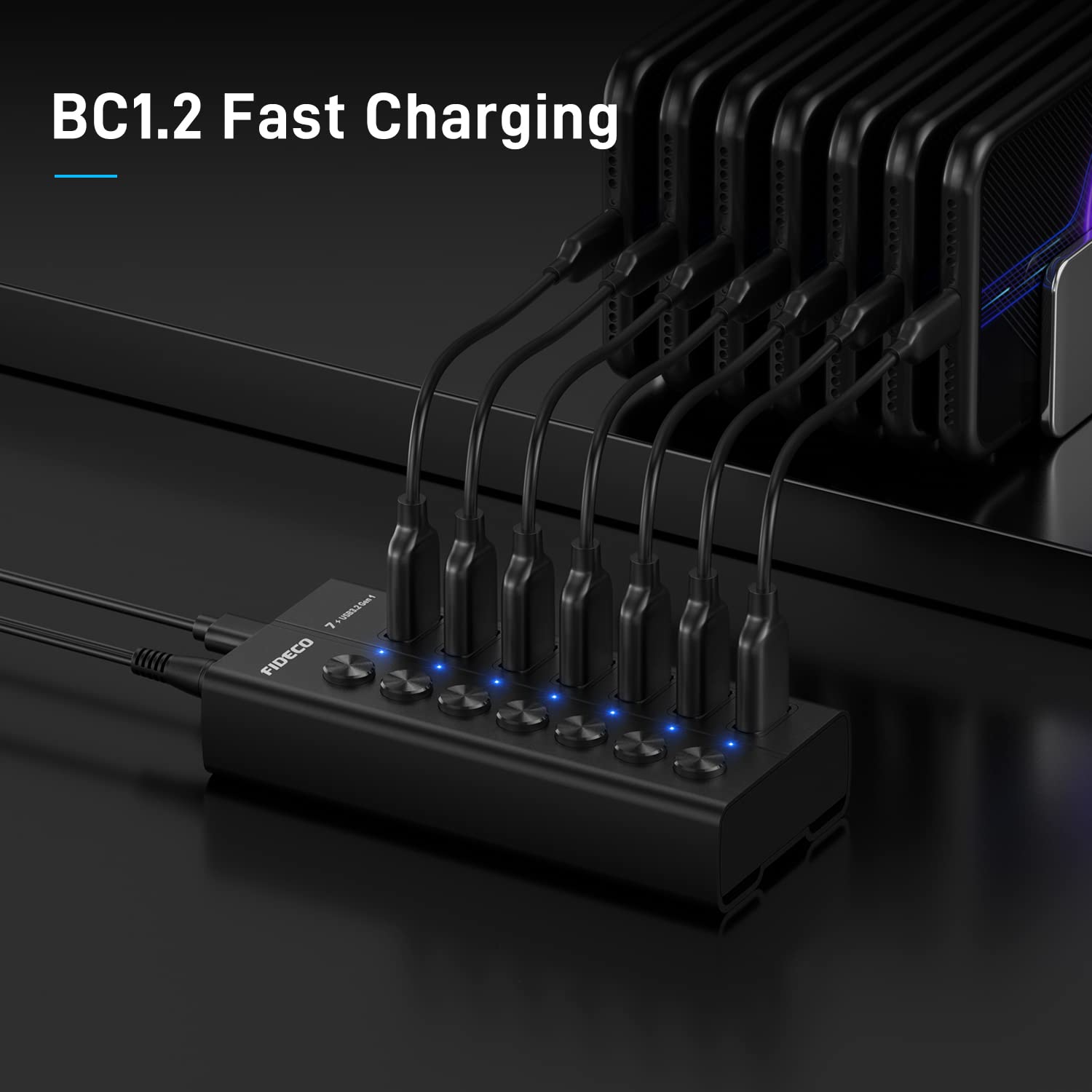 FIDECO Powered 7-Port USB Hub, USB 3.2 Gen 1 Data Hub with Independent On/Off Switch, USB Splitter with USB C to C Cable, USB A to C Cable and 12V 2A Power Adapter