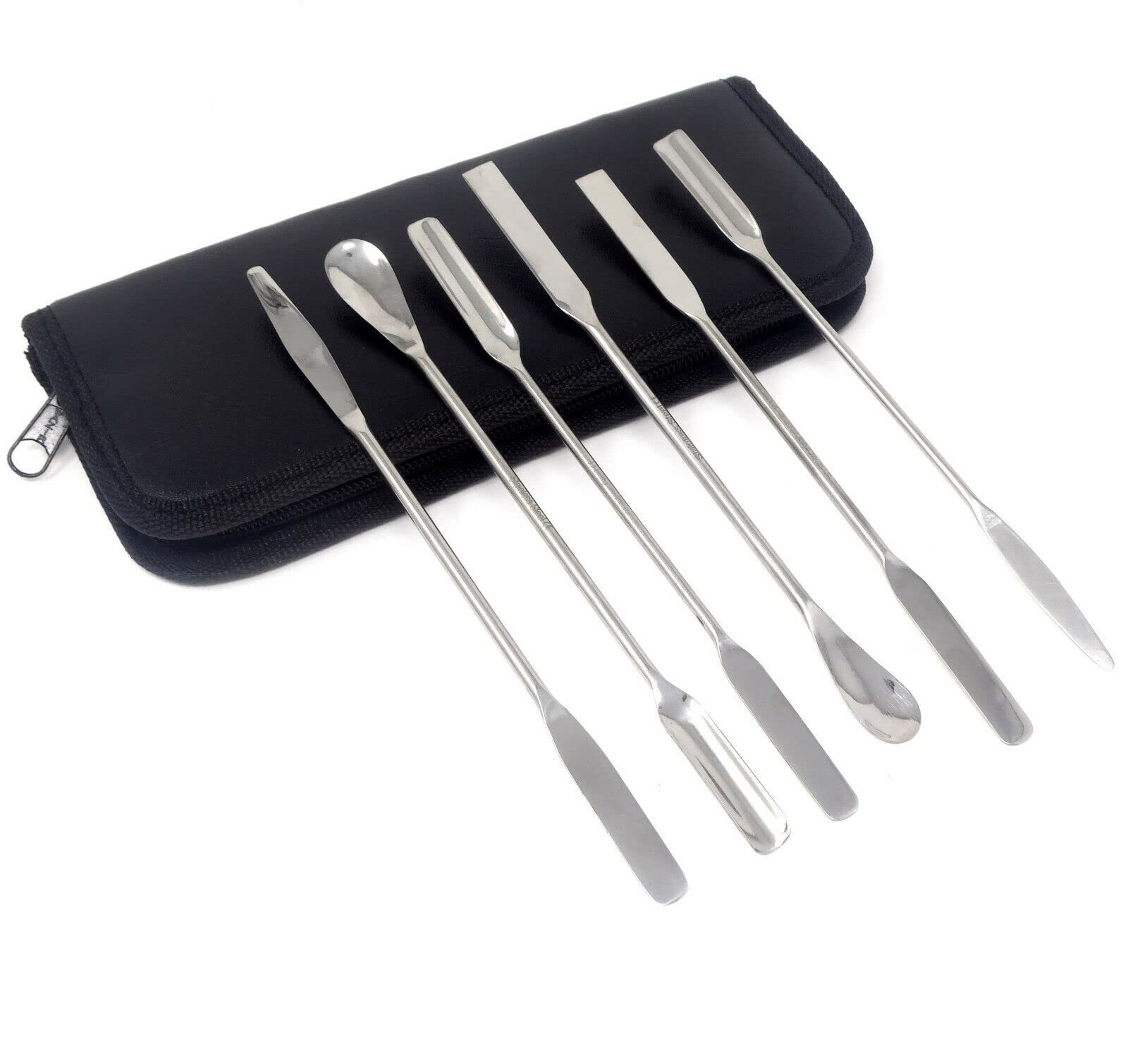 6 PCS Micro Lab Spatula Sampler Set, Stainless Steel Double Ended Sampling Spoon Mixing Spatulas, Square, Scoop, Round & Tapered Arrow End, 7" Length