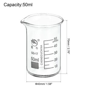 PATIKIL 50ml Tall Form Glass Beaker, 2 Pack 3.3 Borosilicate Glass Graduated Printed Scale Measuring Cups with Spout for Kitchen Lab Liquids Transit Boiling