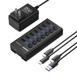 fideco powered 7-port usb hub, usb 3.2 gen 1 data hub with independent on/off switch, usb splitter with usb c to c cable, usb a to c cable and 12v 2a power adapter