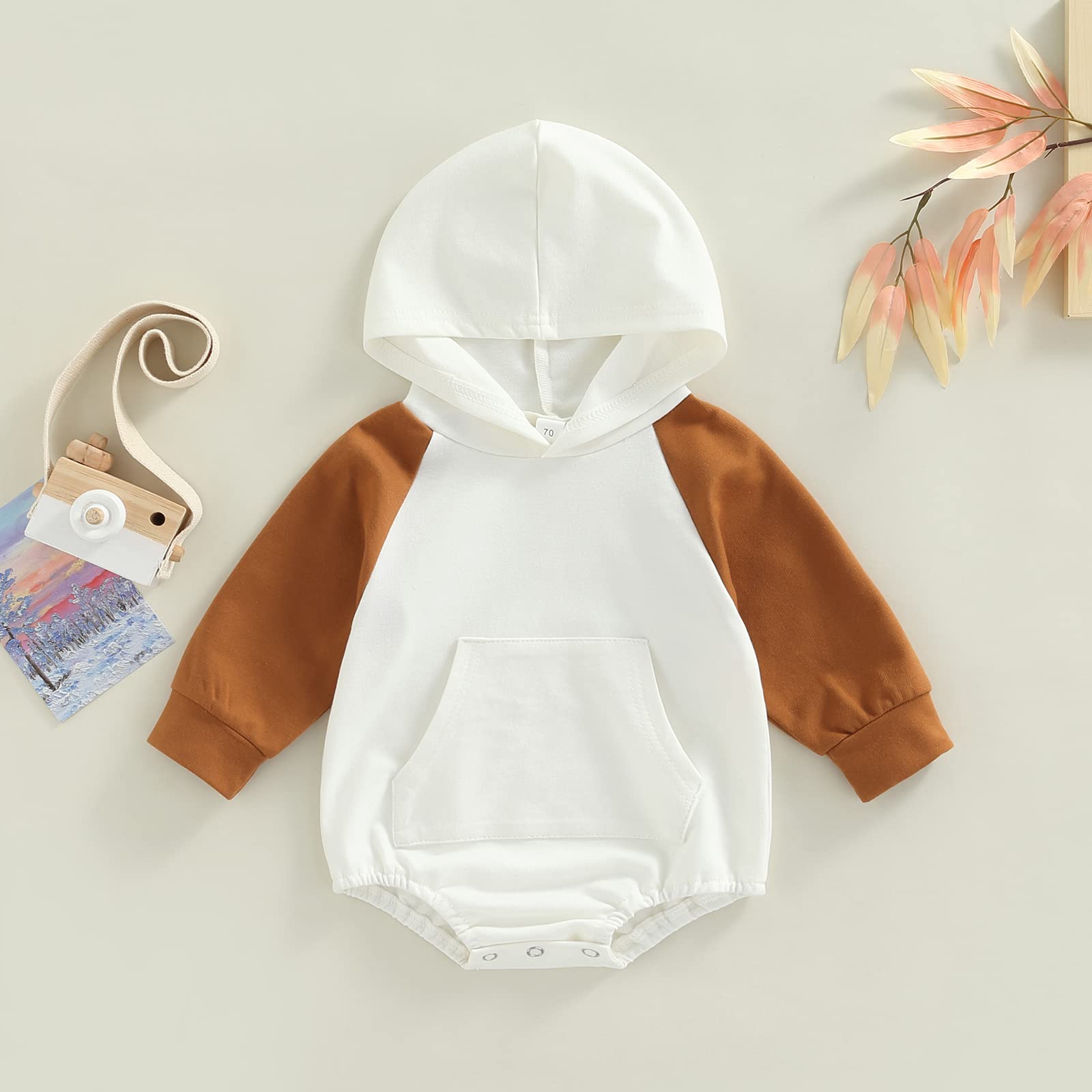 Kaipiclos Infant Baby Boy Girl Sweatshirt Bubble Romper Color Block Long Sleeve Hoodie Pullover Sweater Fall Winter Clothes (Color Block Brown White, 6-12 Months)