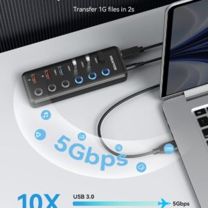 Powered USB Hub, Wenter 6-Port USB 3.0 Hub Splitter (4 USB 3.0 Data Ports + 2 QC 3.0 Fast Charging Ports) with Individual LED On/Off Switches, USB Hub 3.0 Powered with 36W AC Adapter for Mac, PC