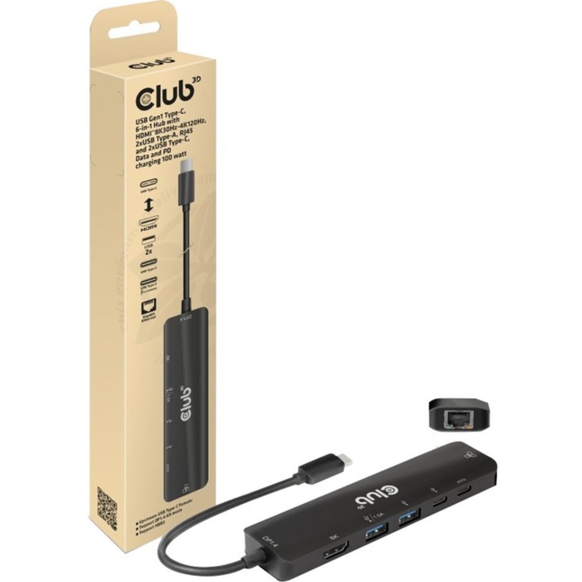 Club 3D CSV-1596 USB Gen1 Type-C, 6-in-1 Hub with HDMI 8K30Hz-4K120Hz, 2xUSB Type-A, RJ45 and 2xUSB Type-C, Data and PD Charging 100 watt