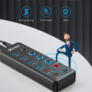 Powered USB Hub, Wenter 6-Port USB 3.0 Hub Splitter (4 USB 3.0 Data Ports + 2 QC 3.0 Fast Charging Ports) with Individual LED On/Off Switches, USB Hub 3.0 Powered with 36W AC Adapter for Mac, PC