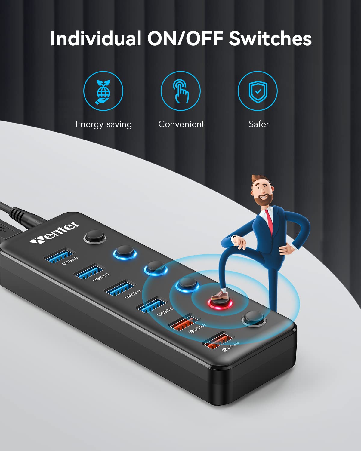 Powered USB Hub, Wenter 6-Port USB 3.0 Hub Splitter (4 USB 3.0 Data Ports + 2 QC 3.0 Fast Charging Ports) with Individual LED On/Off Switches, USB Hub 3.0 Powered with 36W AC Adapter for Mac, PC