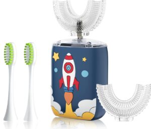 elotame kids u shaped electric toothbrush with 4 brush heads, cartoon sonic automatic toothbrush with 6 cleaning modes, 360-degree cleaning, ipx7 waterproof (8-15 age rocket)