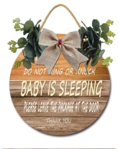 weytff baby sleeping sign for front door funny baby sleeping hanging sign plaque, do not knock or ring the bell, round wooden door hanger for baby room, nursery, front door, door knob decor 11x11"