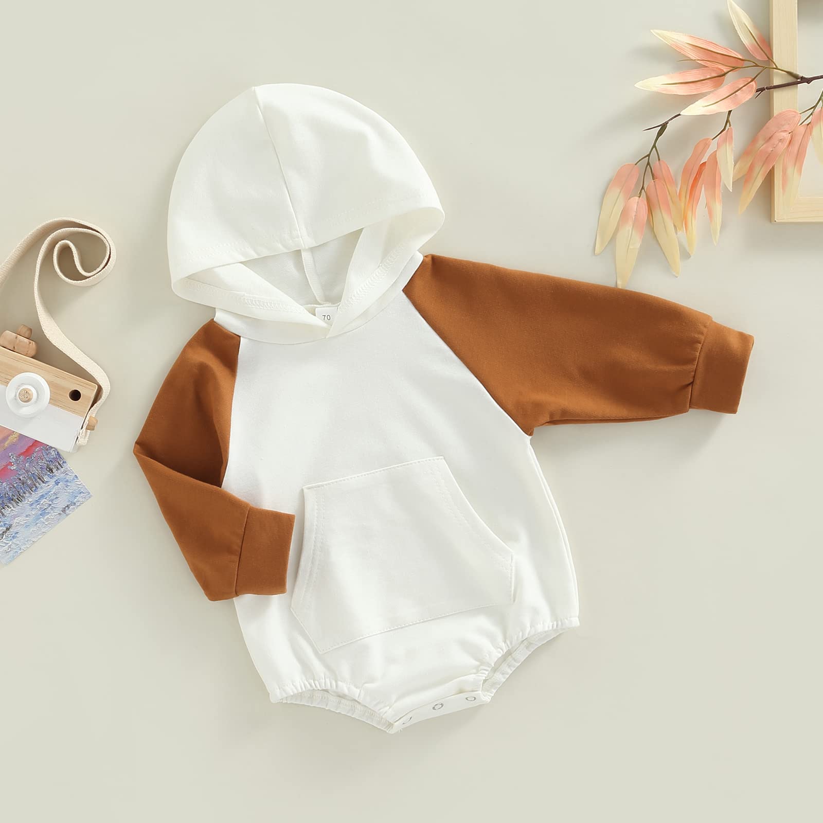 Kaipiclos Infant Baby Boy Girl Sweatshirt Bubble Romper Color Block Long Sleeve Hoodie Pullover Sweater Fall Winter Clothes (Color Block Brown White, 6-12 Months)