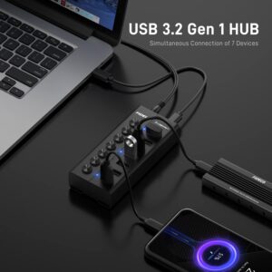 FIDECO Powered 7-Port USB Hub, USB 3.2 Gen 1 Data Hub with Independent On/Off Switch, USB Splitter with USB C to C Cable, USB A to C Cable and 12V 2A Power Adapter