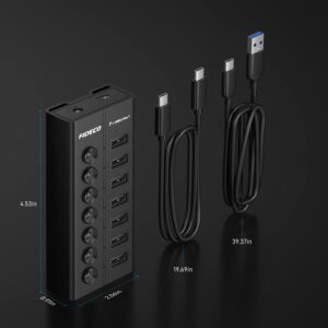 FIDECO Powered 7-Port USB Hub, USB 3.2 Gen 1 Data Hub with Independent On/Off Switch, USB Splitter with USB C to C Cable, USB A to C Cable and 12V 2A Power Adapter