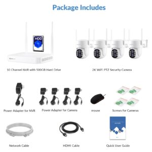 YEEWISE 2K WiFi Security Camera System, Outdoor PTZ Wireless Camera System, 4pcs Dual Lens Pan Tilt Zoom Cameras with Auto Tracking & 10x Hybrid Zoom, 10CH WiFi NVR with 500GB HDD for 24/7 Recording