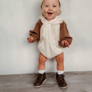 Kaipiclos Infant Baby Boy Girl Sweatshirt Bubble Romper Color Block Long Sleeve Hoodie Pullover Sweater Fall Winter Clothes (Color Block Brown White, 6-12 Months)