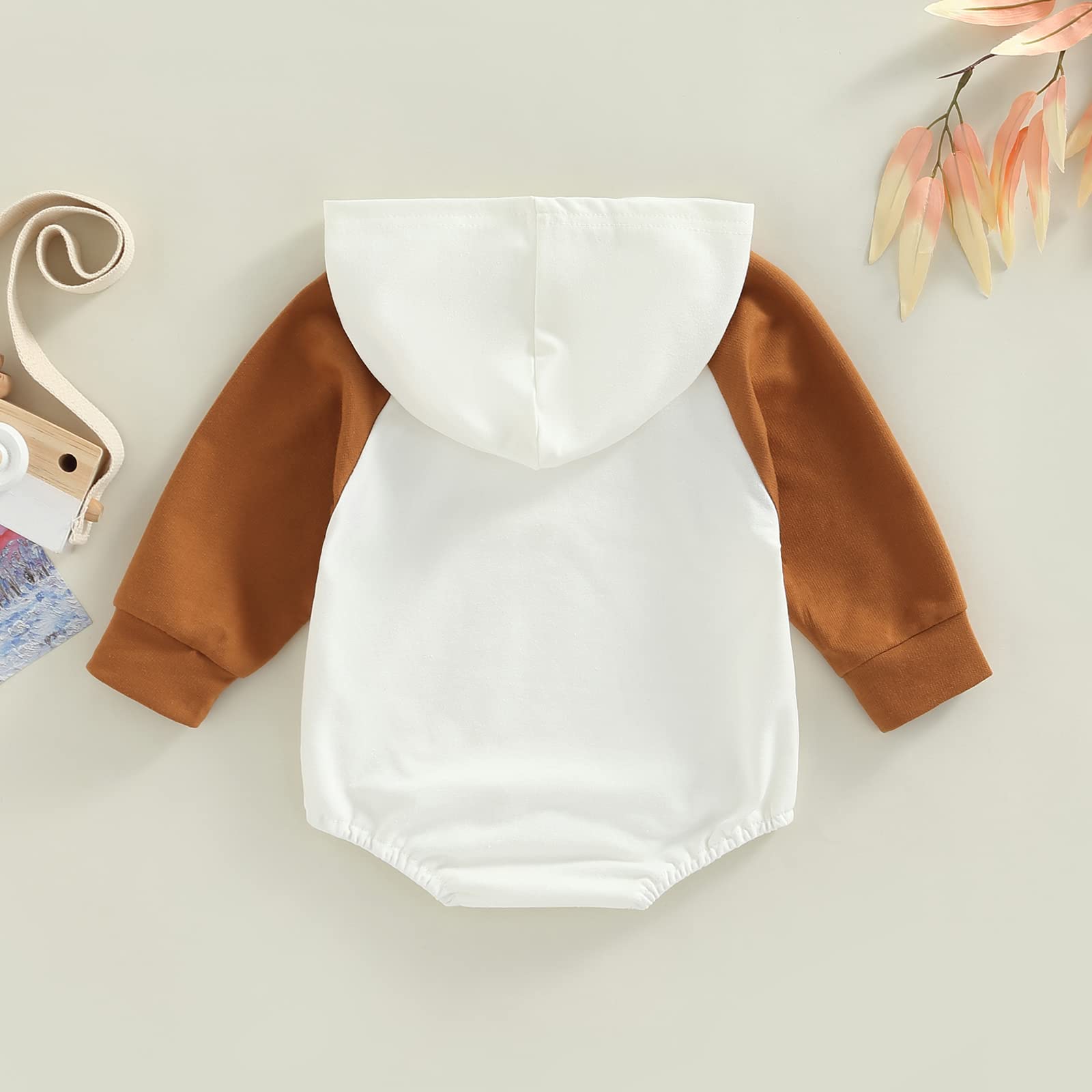 Kaipiclos Infant Baby Boy Girl Sweatshirt Bubble Romper Color Block Long Sleeve Hoodie Pullover Sweater Fall Winter Clothes (Color Block Brown White, 6-12 Months)