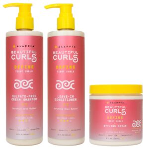 alaffia beautiful curls define shampoo and leave in conditioner set, 12 fl oz ea with styling cream, curly hair products, shea butter, vitamin e & coconut oil, 8 fl oz