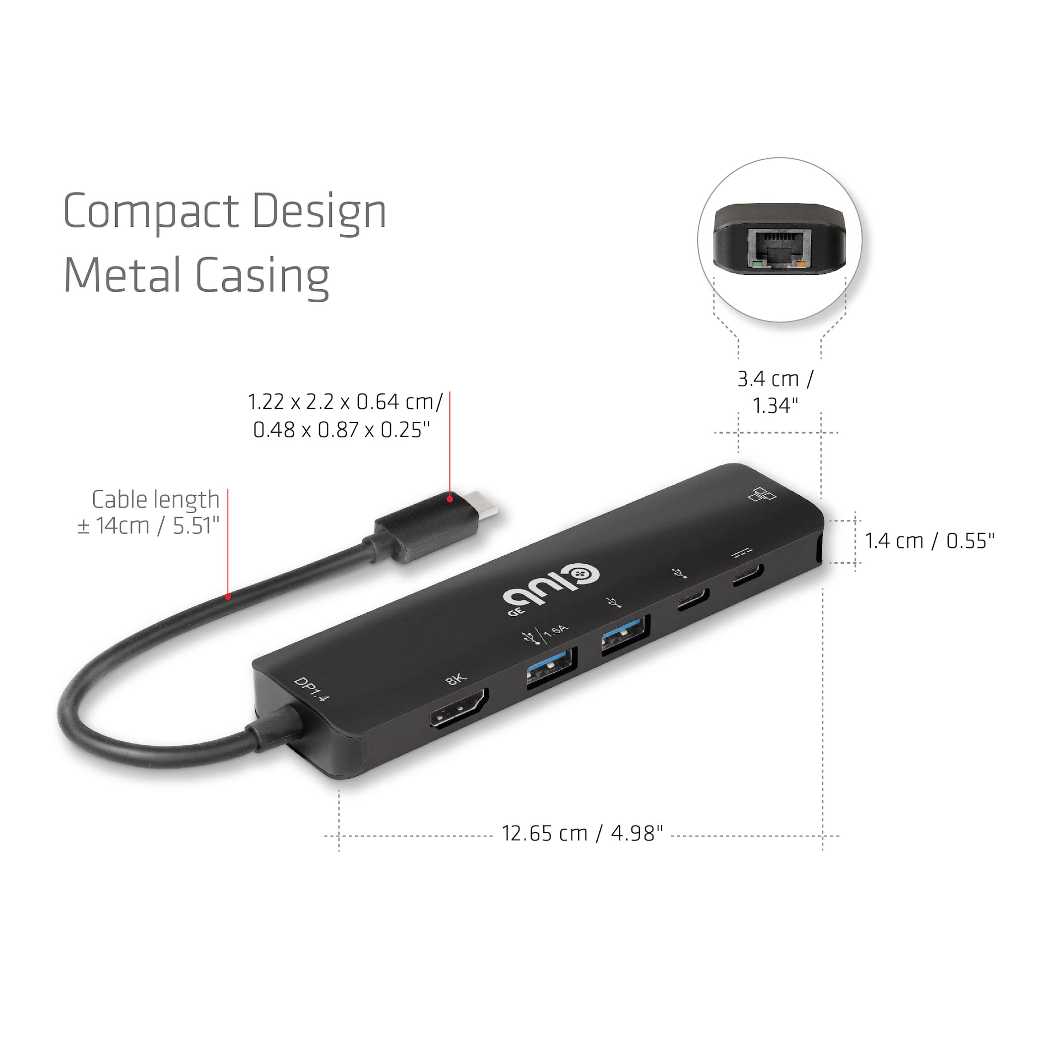 Club 3D CSV-1596 USB Gen1 Type-C, 6-in-1 Hub with HDMI 8K30Hz-4K120Hz, 2xUSB Type-A, RJ45 and 2xUSB Type-C, Data and PD Charging 100 watt