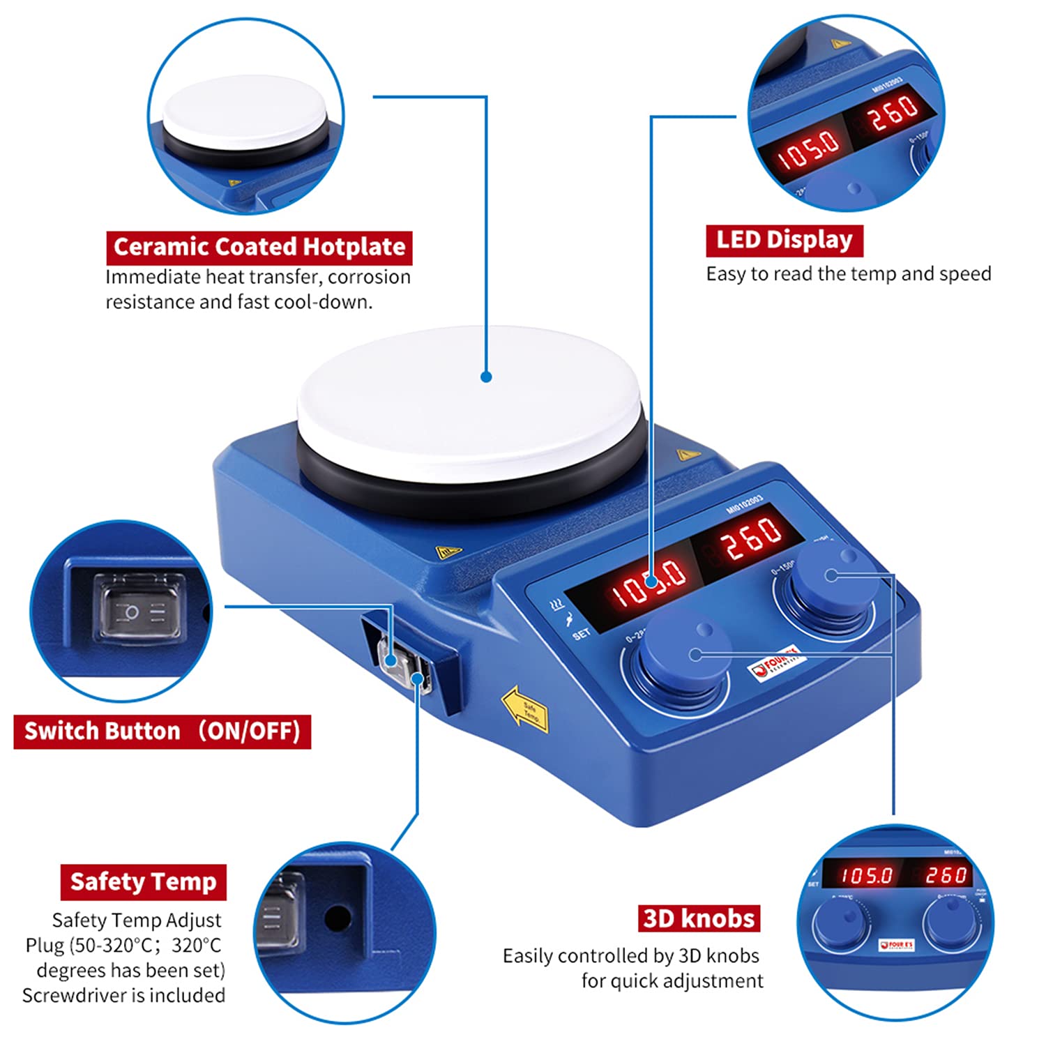 FOUR E'S SCIENTIFIC LED Digital Magnetic Hotplate Stirrer with Stand