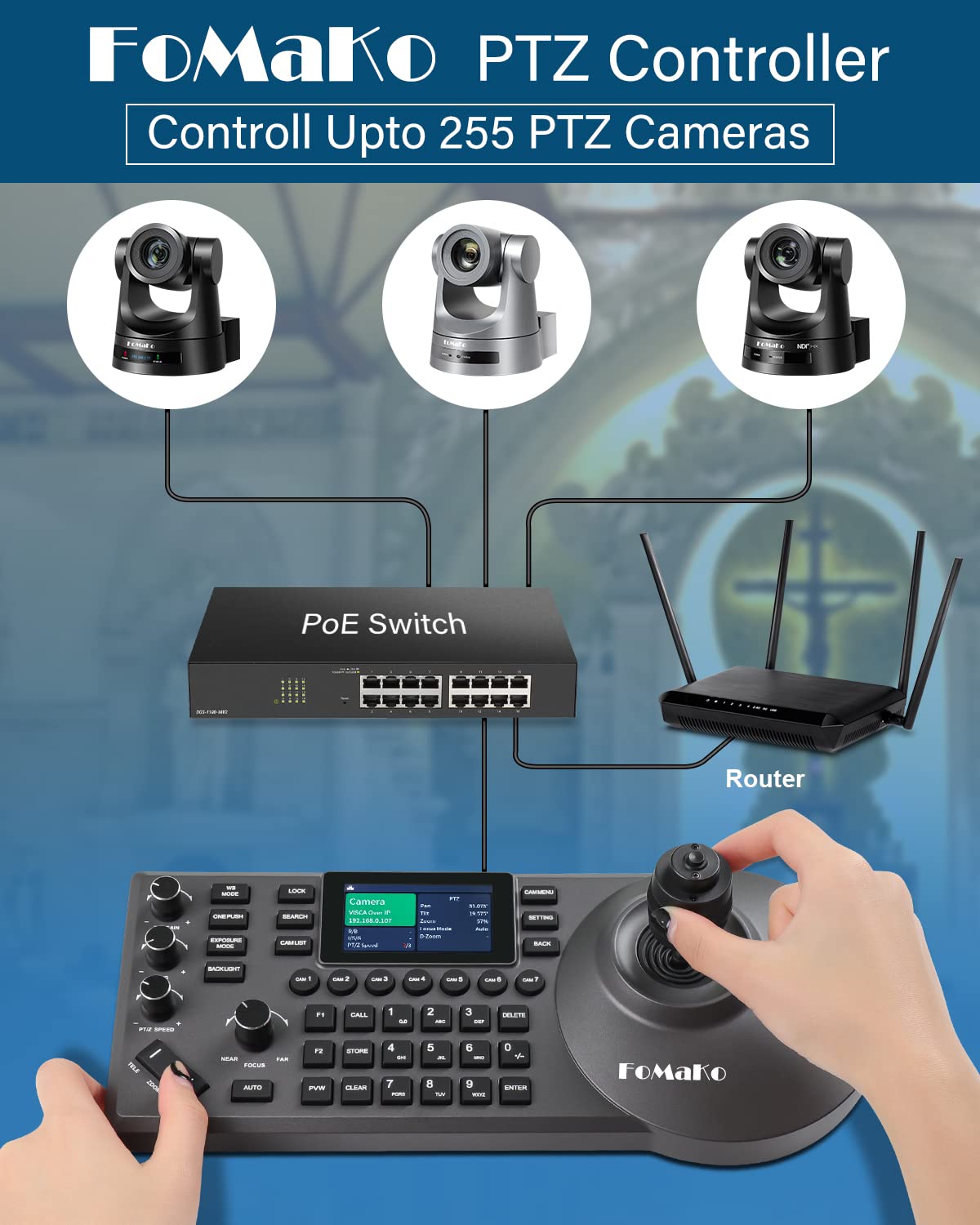 FoMaKo PTZ Camera 20x Optical Zoom AI Auto Tracking PoE HDMI Bundle PTZ Camera for Church Worship + PTZ Camera Controller (BH201 PTZ Bundle FMK20SDI +KC608)