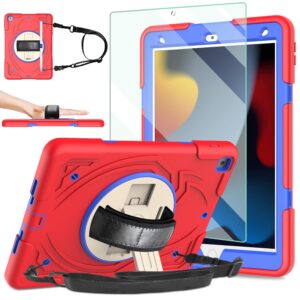 avawo case for ipad 9th/8th/7th generation ipad 10.2 case (2021/2020/2019), [tempered glass film][shoulder strap][swivel kickstand] shockproof protective kids case for ipad 10.2 inch 9/8/7 gen, red