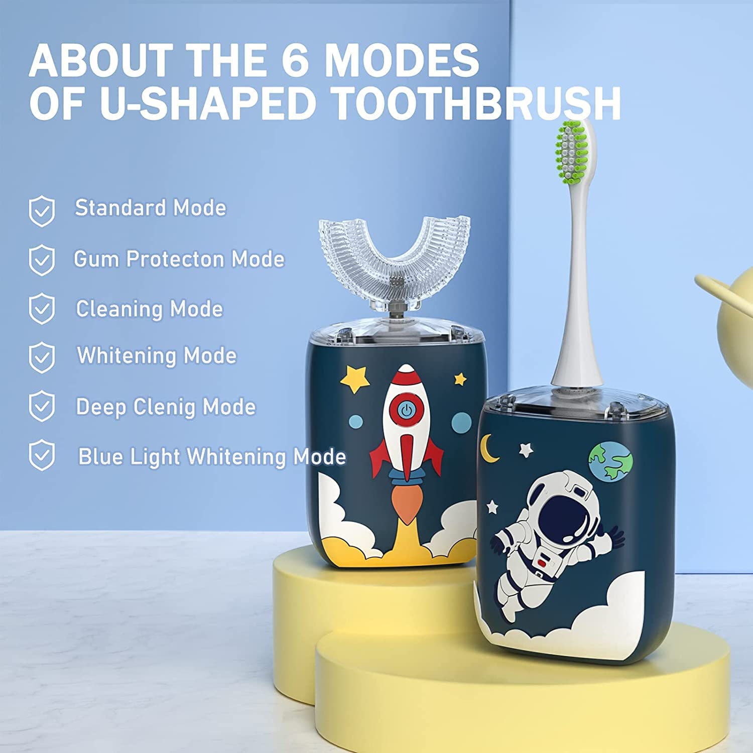 ELOTAME Kids U Shaped Electric Toothbrush with 4 Brush Heads, Cartoon Sonic Automatic Toothbrush with 6 Cleaning Modes, 360-Degree Cleaning, IPX7 Waterproof (8-15 Age Rocket)