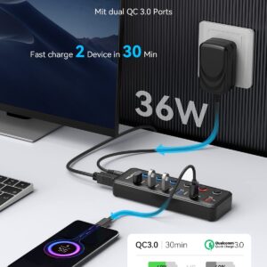 Powered USB Hub, Wenter 6-Port USB 3.0 Hub Splitter (4 USB 3.0 Data Ports + 2 QC 3.0 Fast Charging Ports) with Individual LED On/Off Switches, USB Hub 3.0 Powered with 36W AC Adapter for Mac, PC