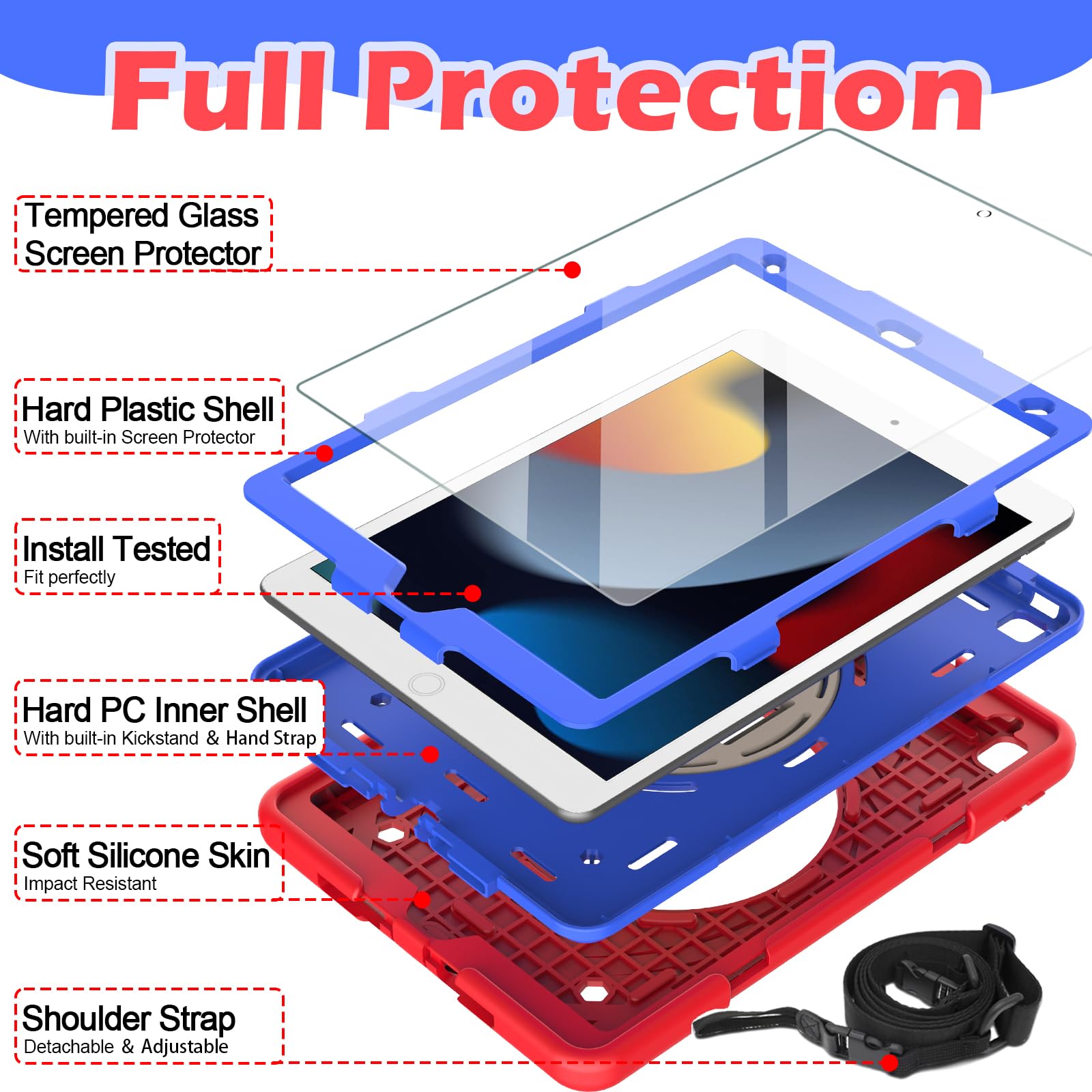 AVAWO Case for iPad 9th/8th/7th Generation iPad 10.2 Case (2021/2020/2019), [Tempered Glass Film][Shoulder Strap][Swivel Kickstand] Shockproof Protective Kids Case for iPad 10.2 Inch 9/8/7 Gen, Red